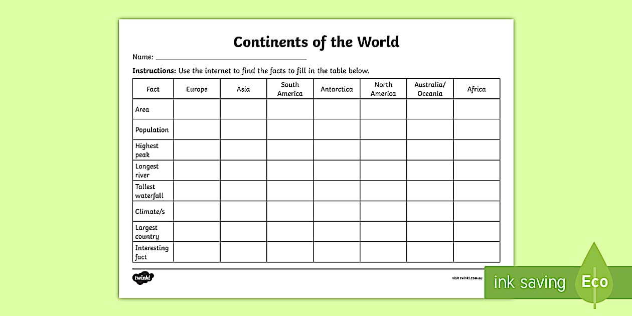 TAS Continents of the World Fact File Research Worksheet