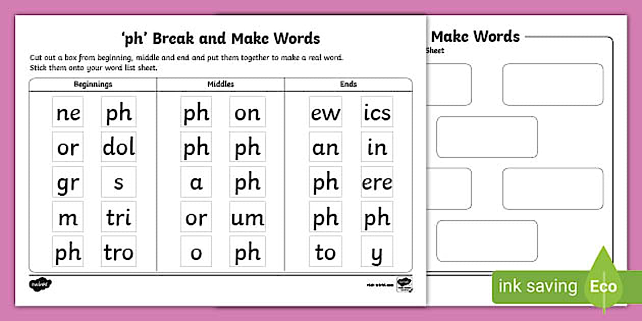 'ph' Break and Make Words Worksheet - Twinkl