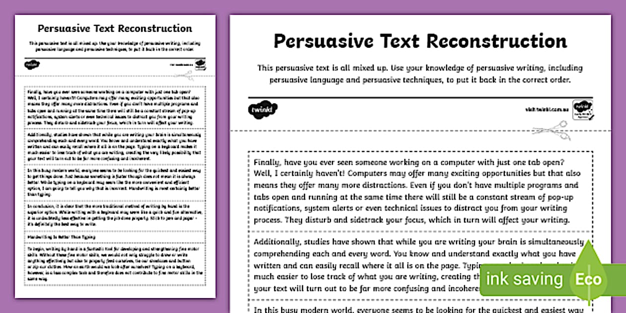 Persuasive Text Reconstruction - Twinkl