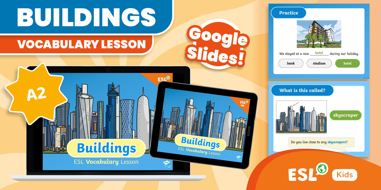 ESL Buildings Vocabulary Lesson [Kids, A2]