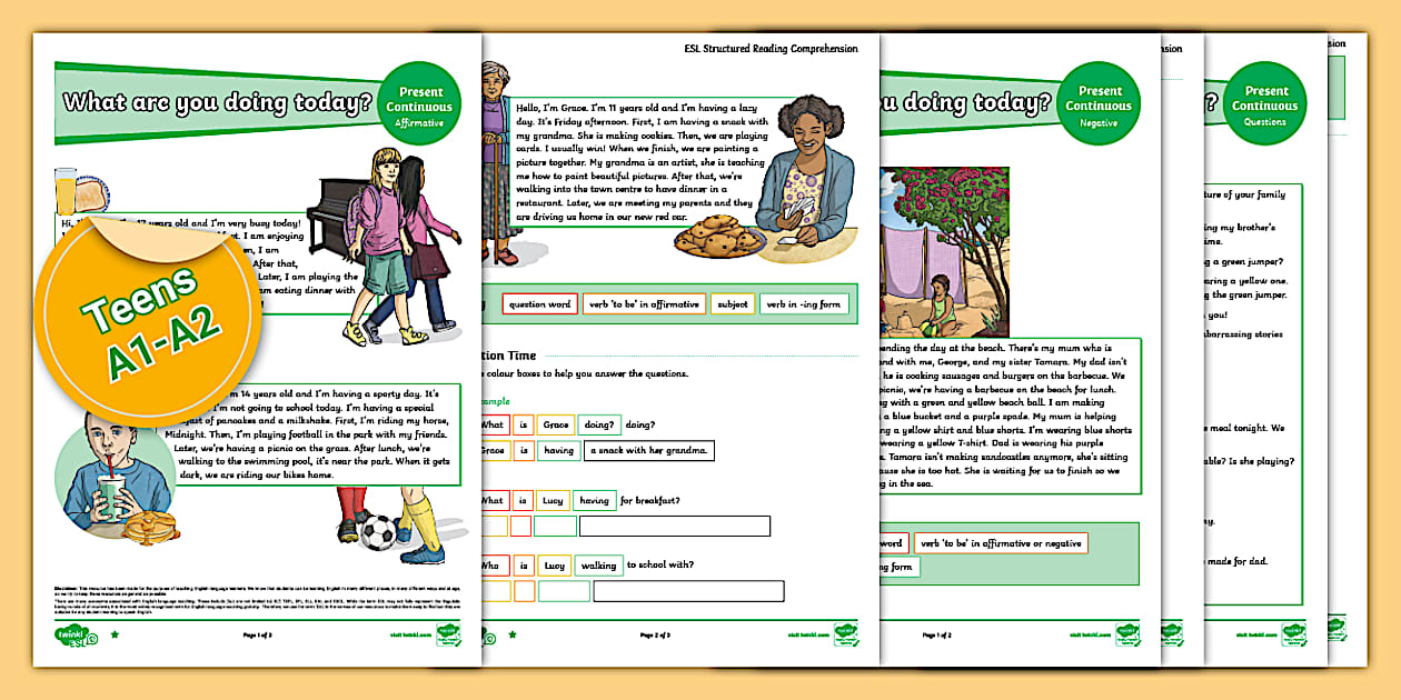 ESL Structured Reading Comprehension: Present Continuous [Teens, A1-A2]