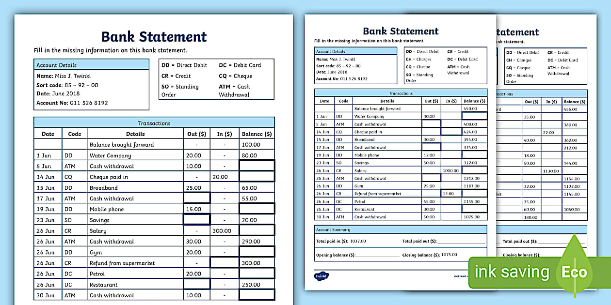 Bank Statement Worksheets - Australian Edition Ι Twinkl