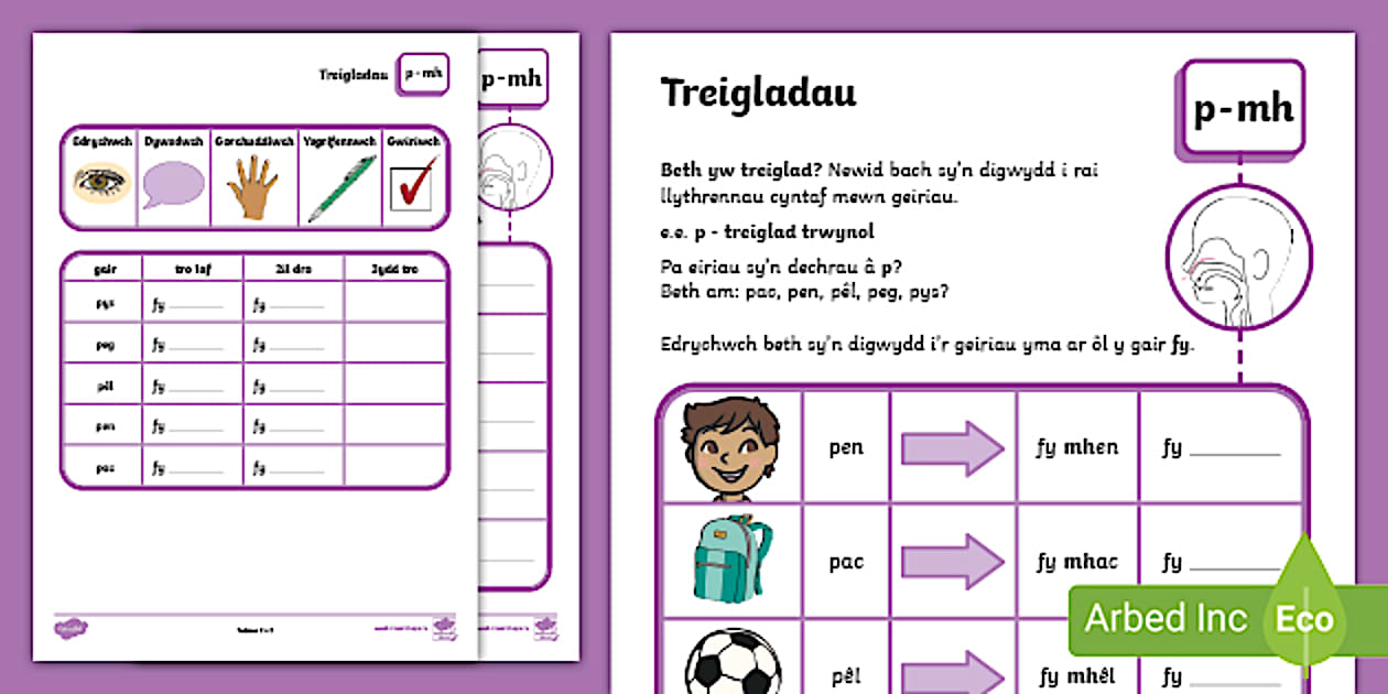 Taflen Weithgaredd Amlsynhwyraidd Treigladau Geiriau 'Mh' Lefel 6