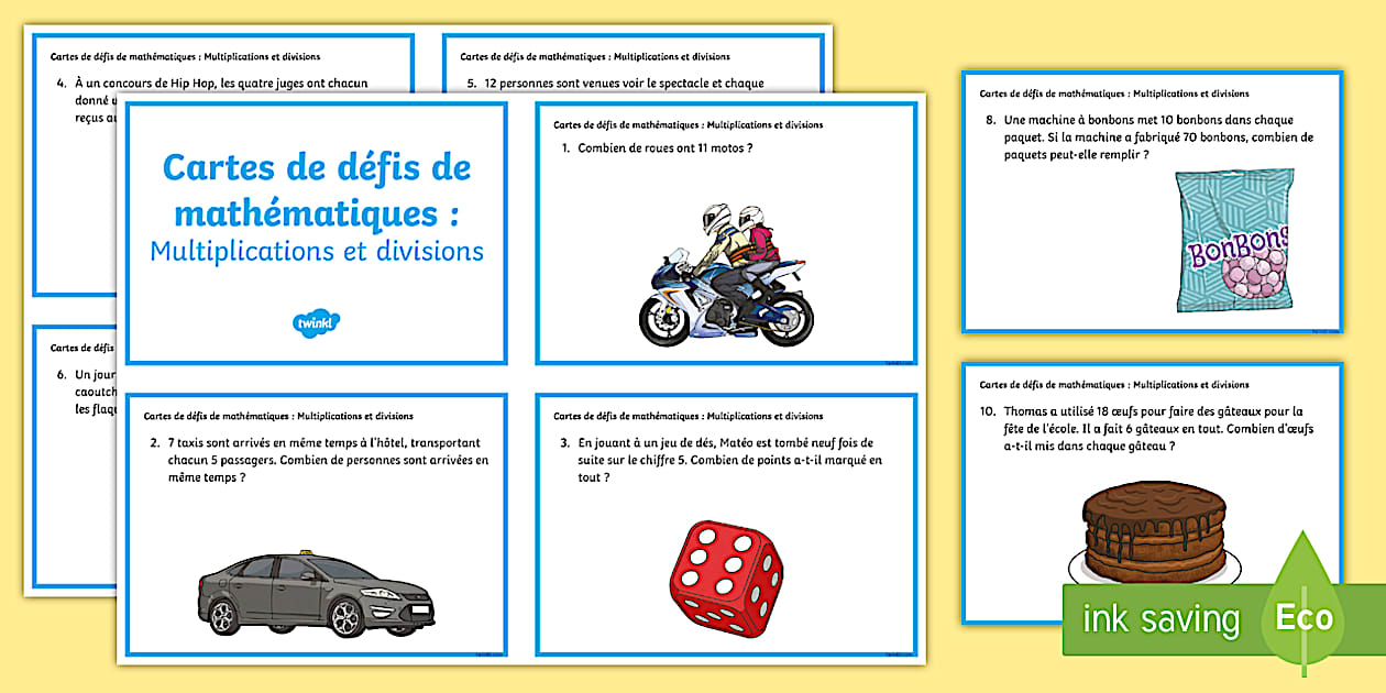 Cartes de défis de mathématiques : Multiplications et divisions