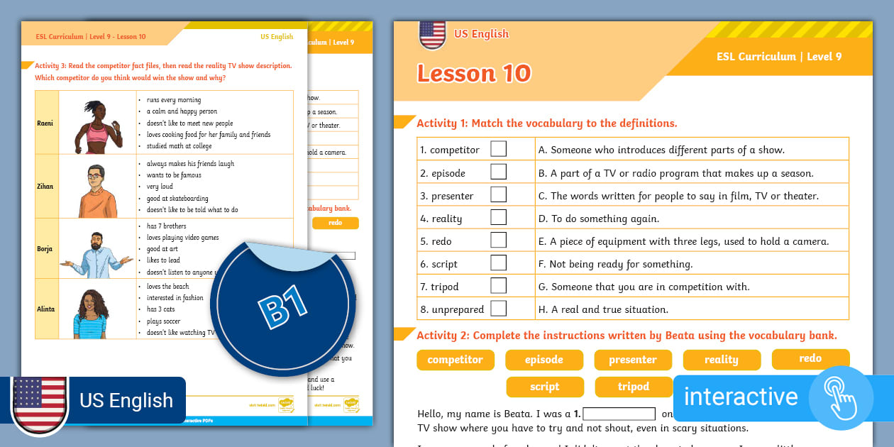 ESL Curriculum Level 9, Lesson 10 Activity Sheet on Twinkl