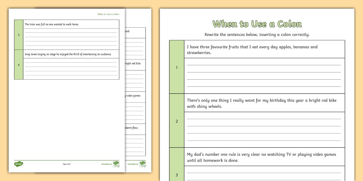 When to Use a Colon Activity Sheet (teacher made) - Twinkl