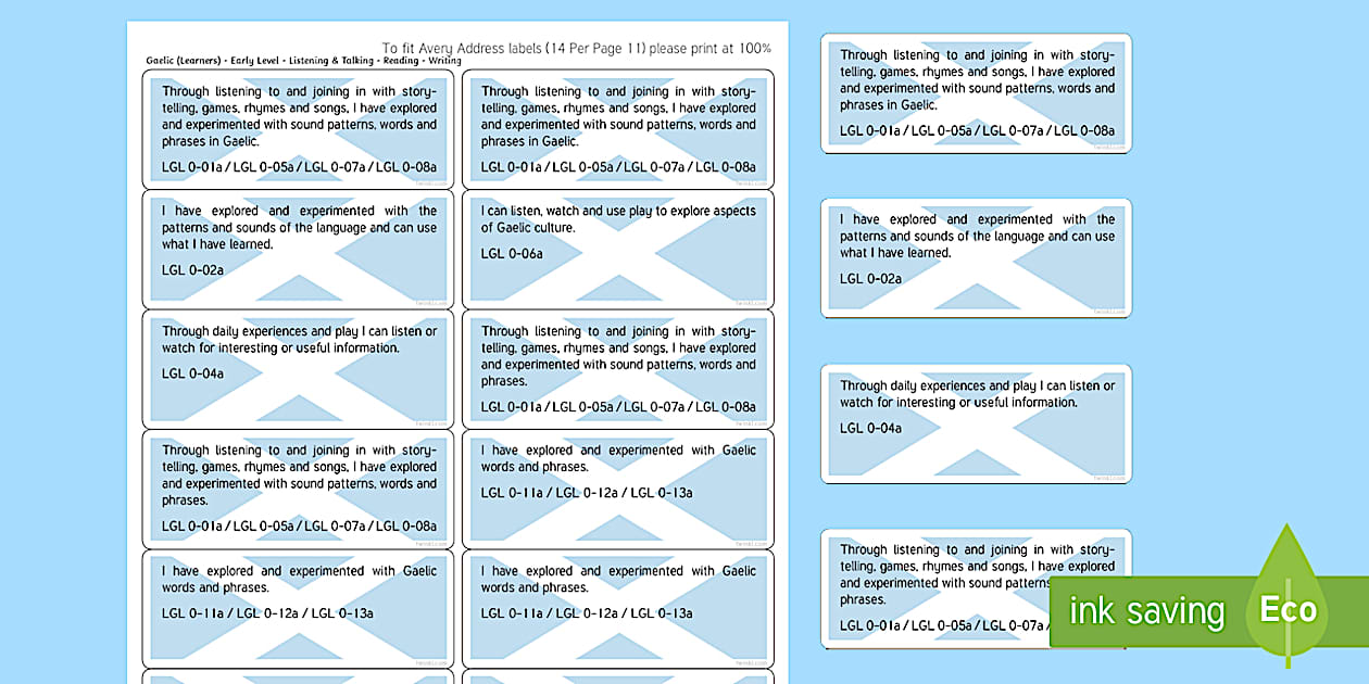 Editable CfE Early Level Gaelic (Learners) Experiences & Outcomes Stickers