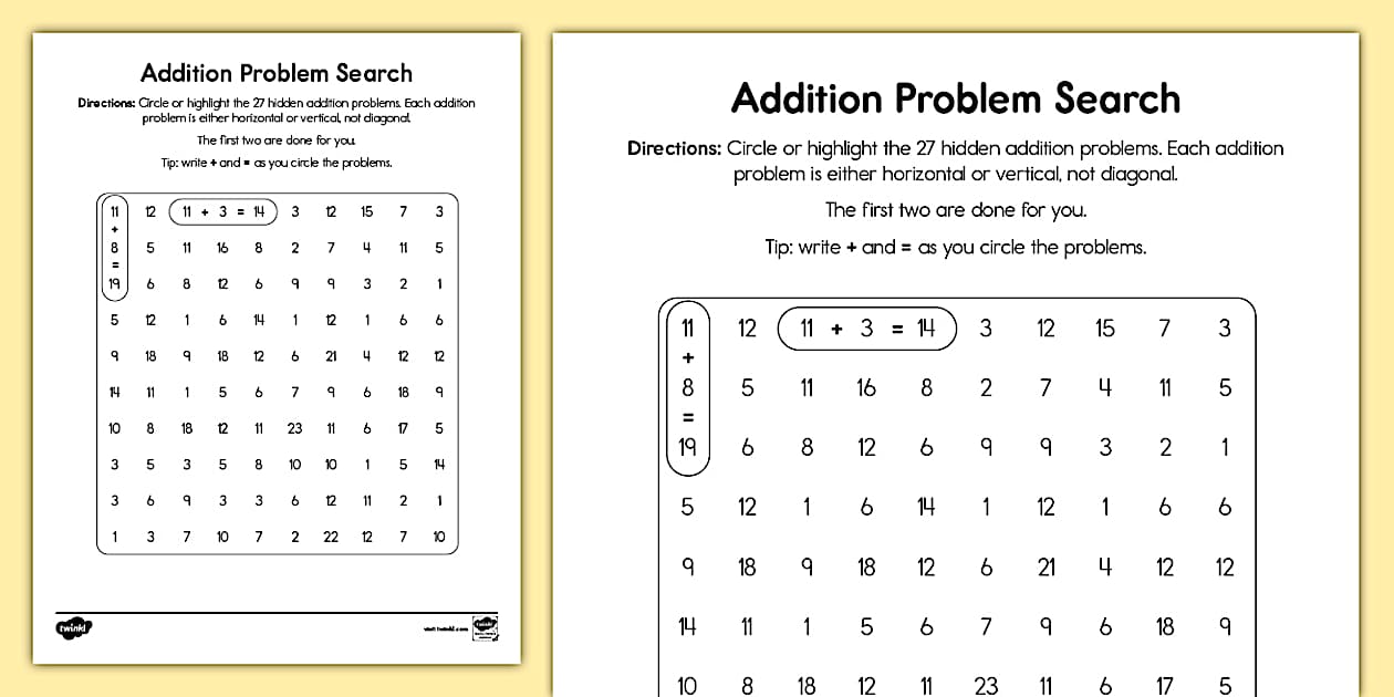 Second Grade Addition Problem Search Worksheet - Twinkl