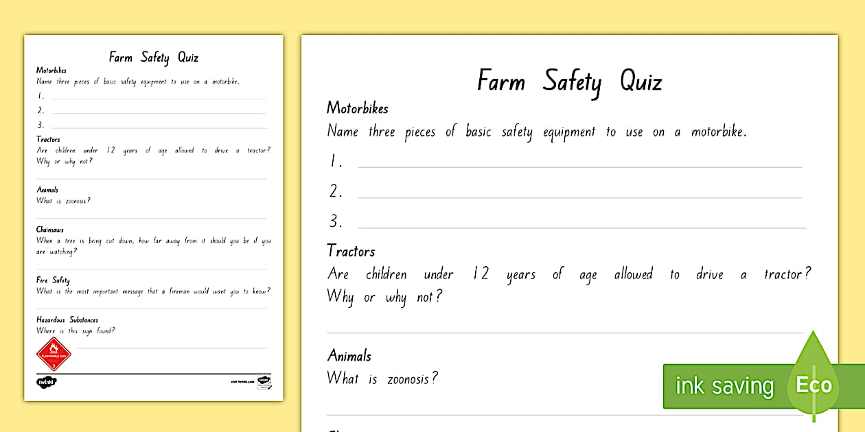 Farm Safety Quiz Worksheet / Worksheet - Twinkl