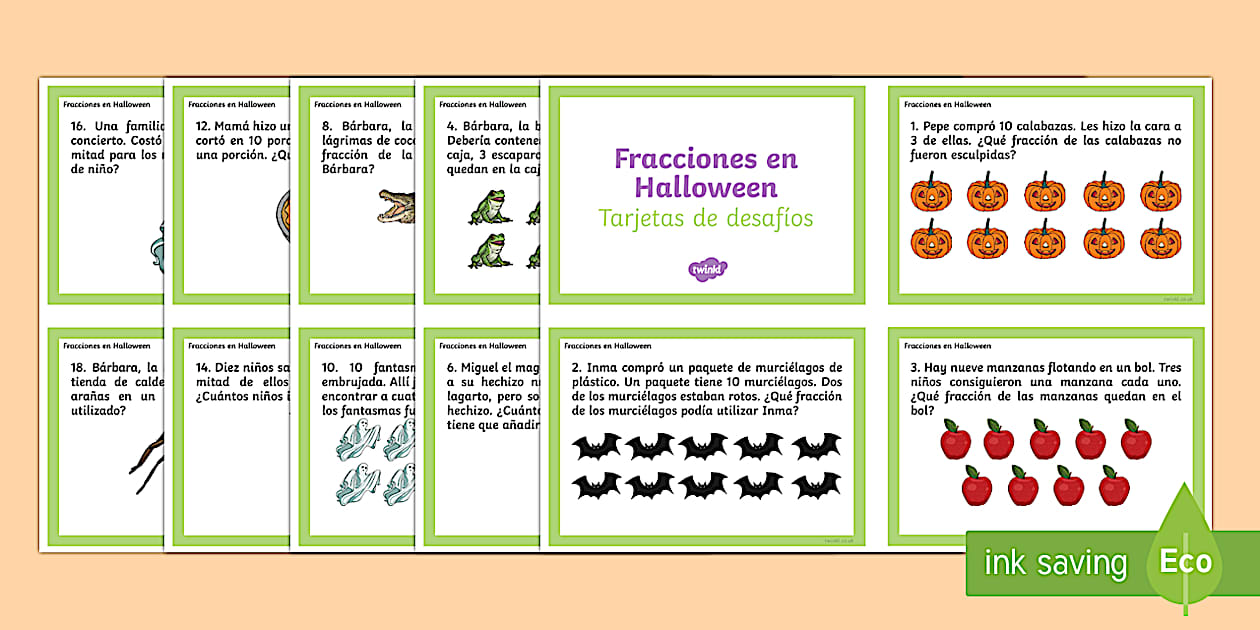 Fracciones en Halloween Tarjetas de desafío de matemáticas de atención a la