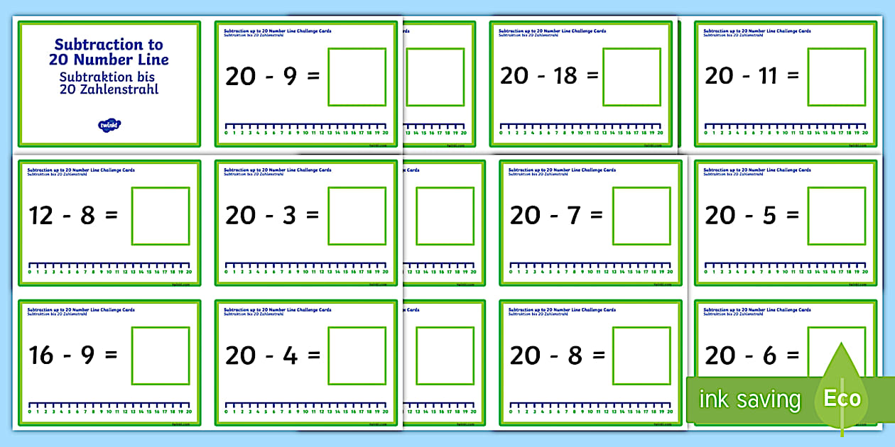 Subtraction Up to 20 with a Number Line Challenge Cards English/German