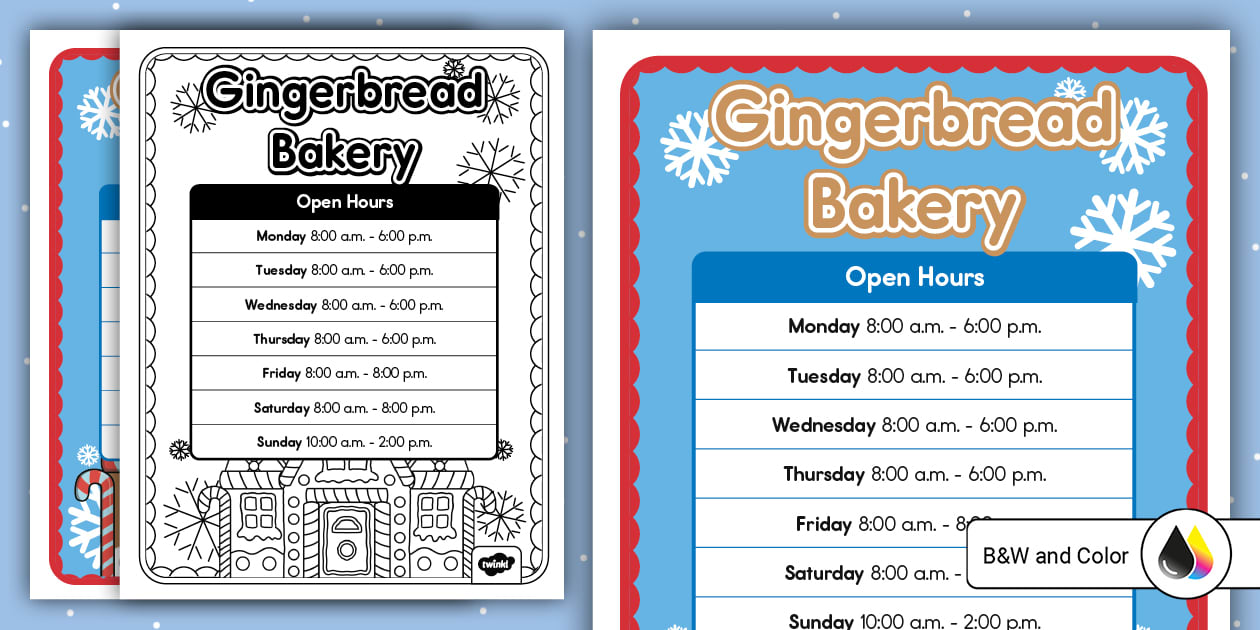 Gingerbread Bakery Dramatic Play Hours Sign - Twinkl