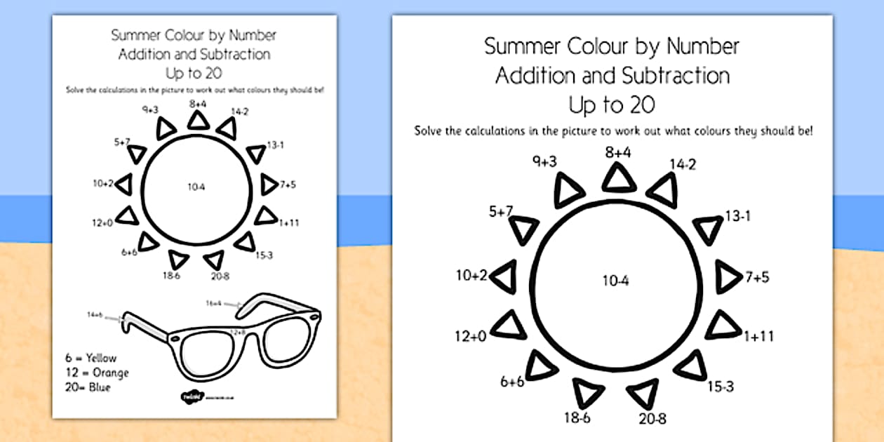 Summer Colour by Numbers Addition and Subtraction Up to 20