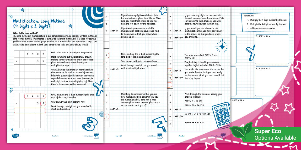 Multiplication: Long Method (4 Digits x 2 Digits) (Ages 10 - 11)