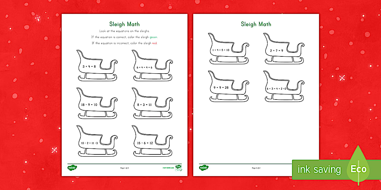 Santa's Sleigh Addition and Subtraction Math Activity Worksheet