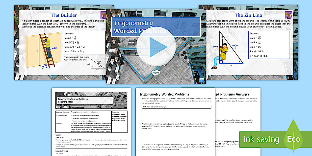 Trigonometry Lesson 3: Worded Problems Lesson Pack - Twinkl