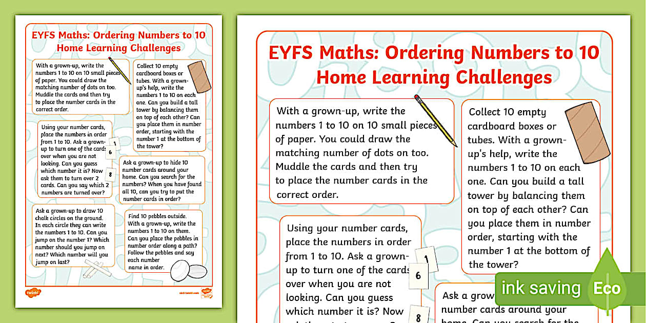 👉 EYFS Puts Numbers to 10 in Order Home Learning Challenges