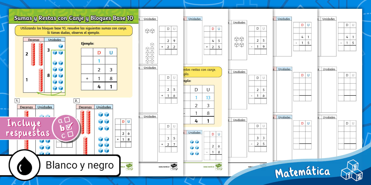 Guía de Trabajo | Sumas y Restas con Canje | Bloque Base 10