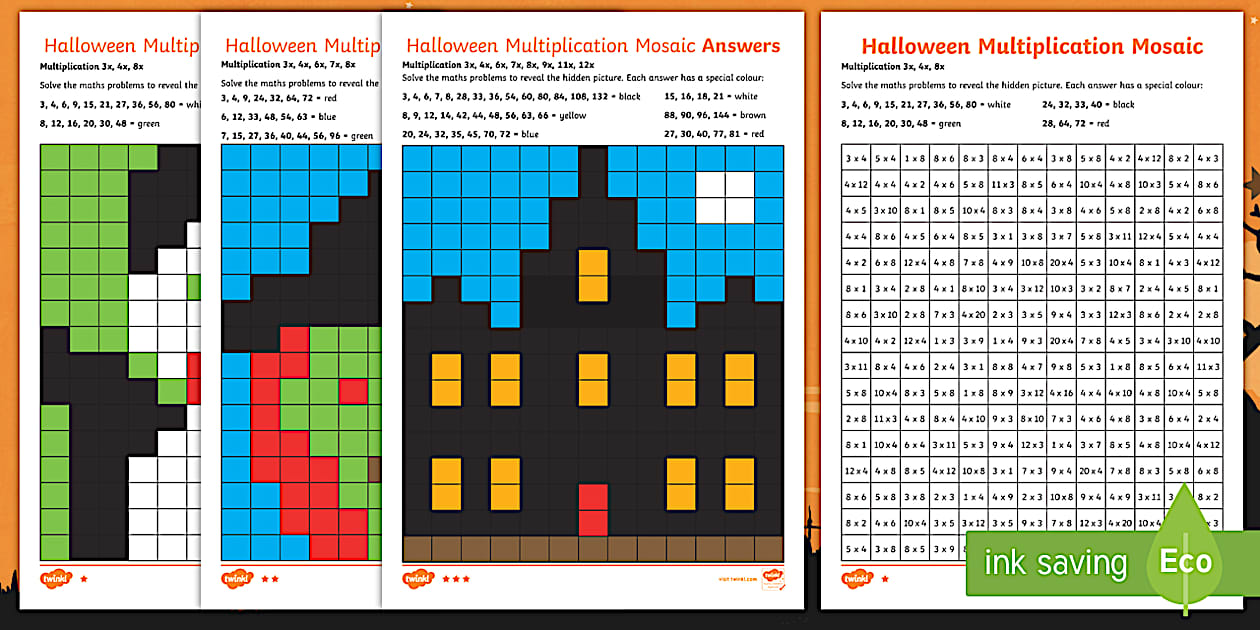 Editable Halloween Multiplication Mosaics Worksheets