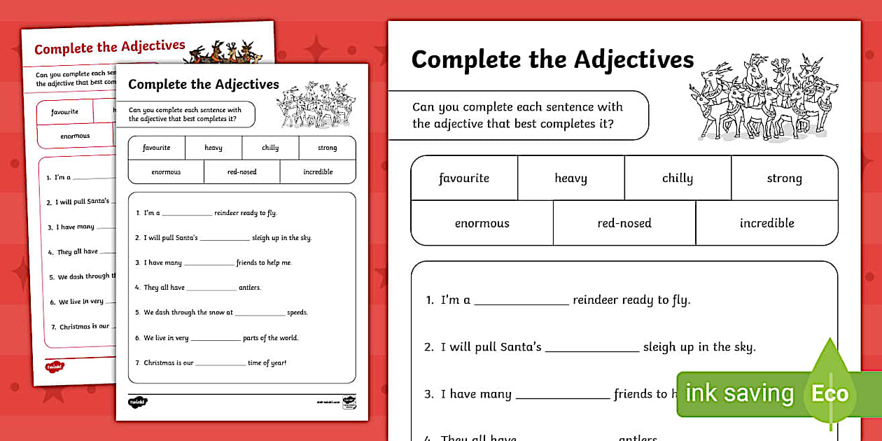 Reindeer Adjectives Missing Word Sentences Worksheet