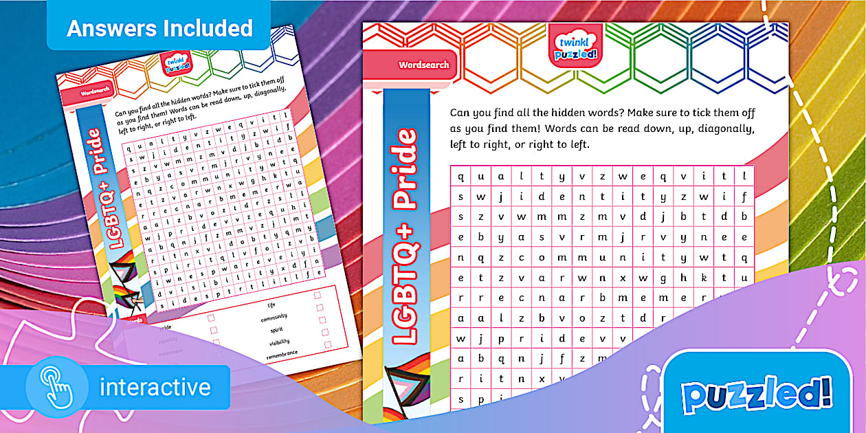 LGBTQ+ Pride Word Search - Interactive | Twinkl Puzzled
