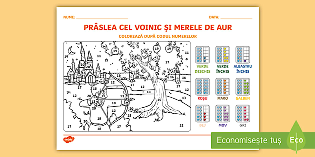 Prâslea cel voinic și merele de aur - Colorează după codul numerelor