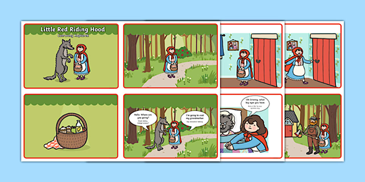 Black and White Little Red Riding Hood Story Sequencing 4 per A4 Speech