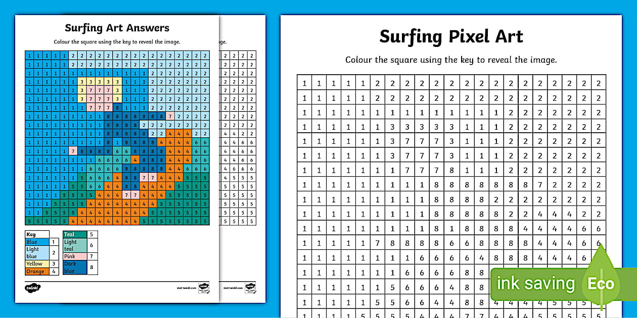 Surfing Pixel Art Template (teacher made) - Twinkl