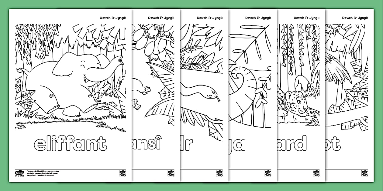 Taflenni Lliwio: Dewch i'r Jyngl! (teacher made) - Twinkl
