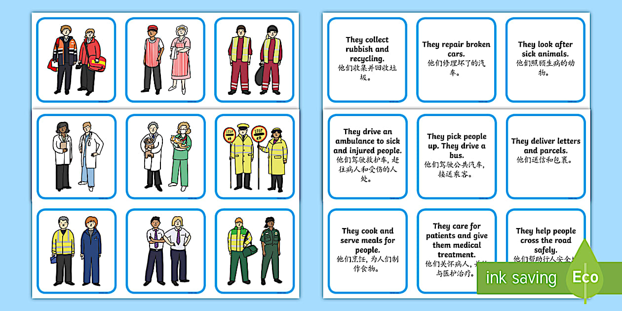 People Who Help Us Job Descriptions Matching Cards - English/Mandarin ...