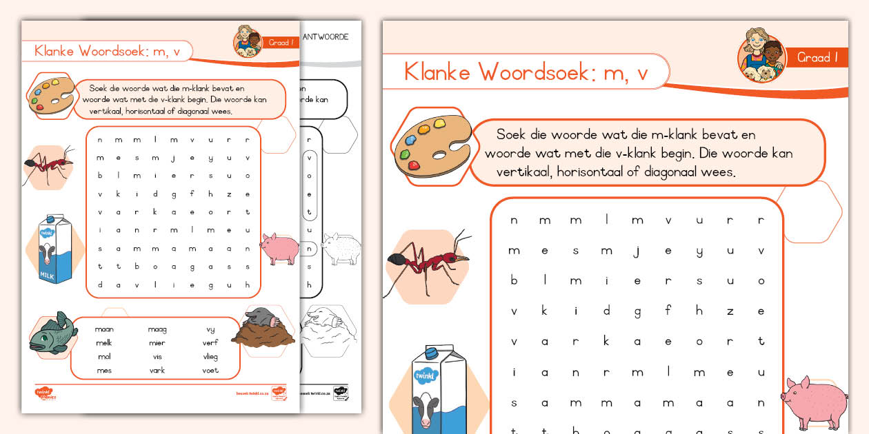 Graad 1 Klanke Woordsoek m, v (teacher made) - Twinkl