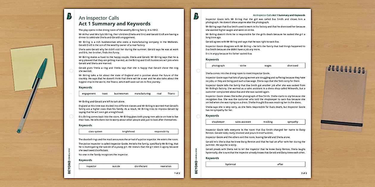 GCSE LA An Inspector Calls: Act 1 Summary and Keywords Guide