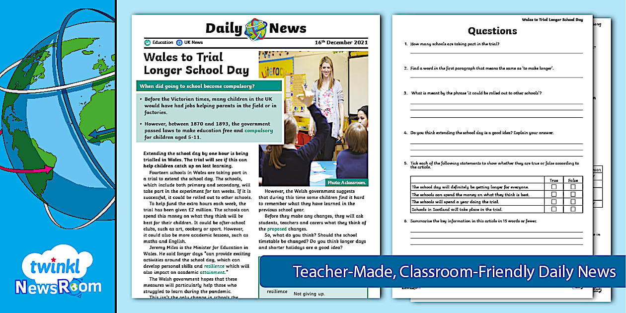 News for Kids: Wales to Trial Longer School Day (ages 9-11)