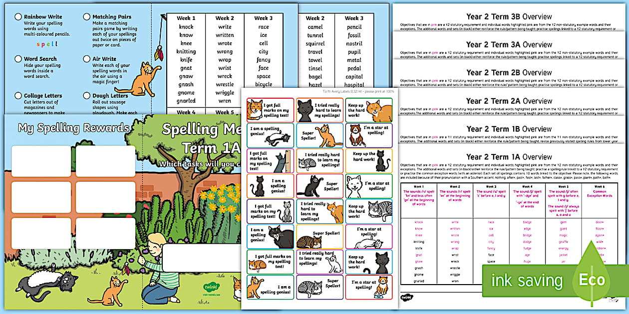 Editable Year 2 Cat Themed Spelling Menu Pack (teacher made)