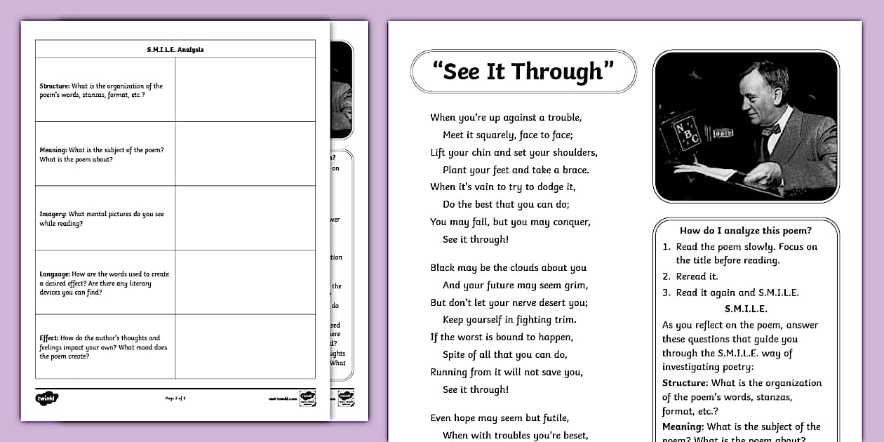 Seventh Grade Poetry Analysis Worksheet: See It Through by Edgar Albert ...