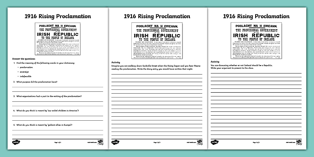1916 Rising Proclamation Worksheets (teacher made) - Twinkl