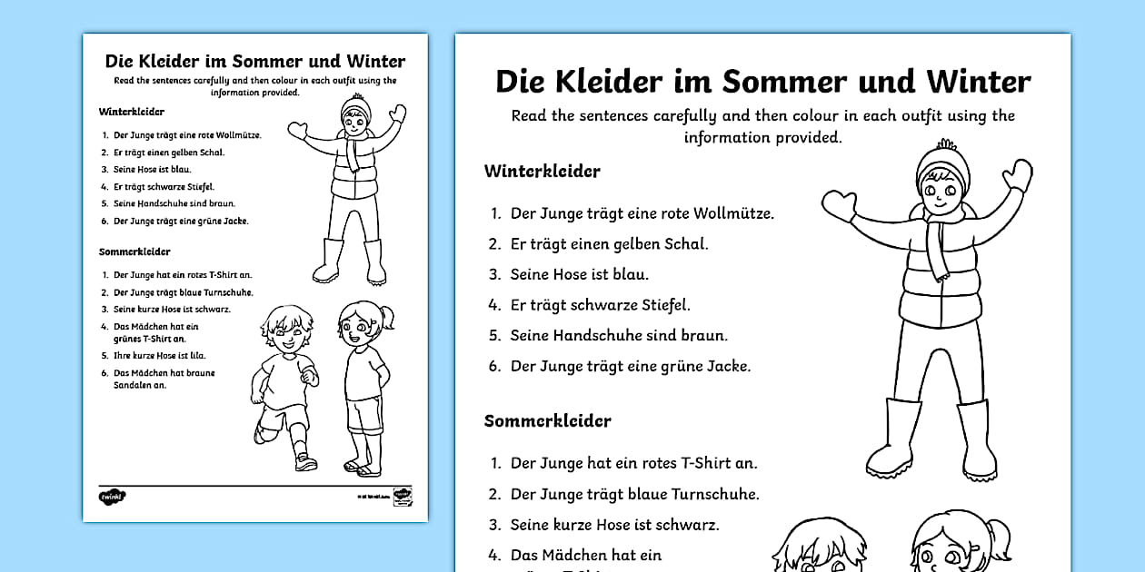 Clothes and Colours Read and Draw Worksheet / Worksheet German