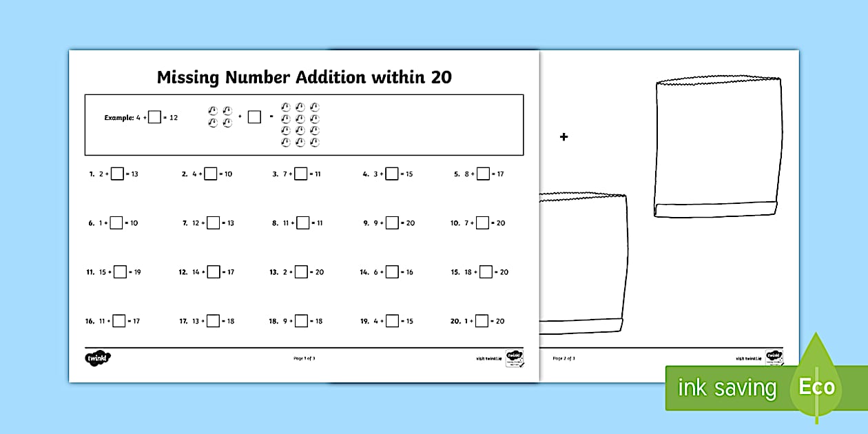 Missing Number Addition Within 20 Worksheet - Twinkl