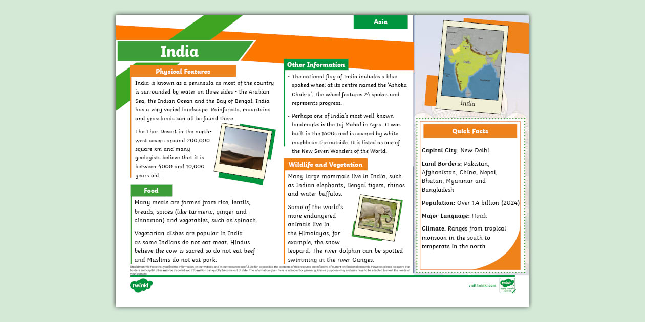 KS2 India Fact File - Geography - Asia - Twinkl