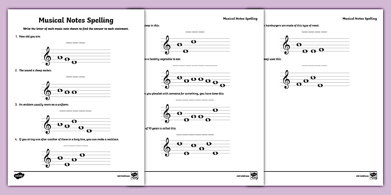 Music Note Spelling Worksheet for Kids | Twinkl USA - Twinkl