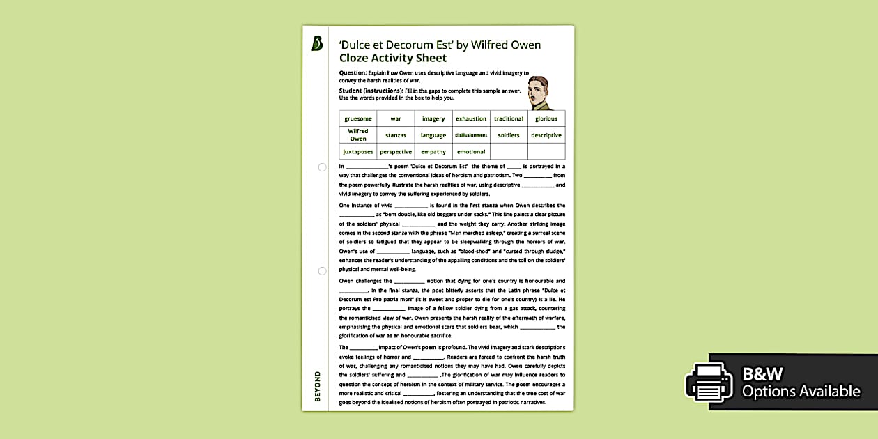 'Dulce et Decorum Est' by Wilfred Owen Cloze Activity Sheet