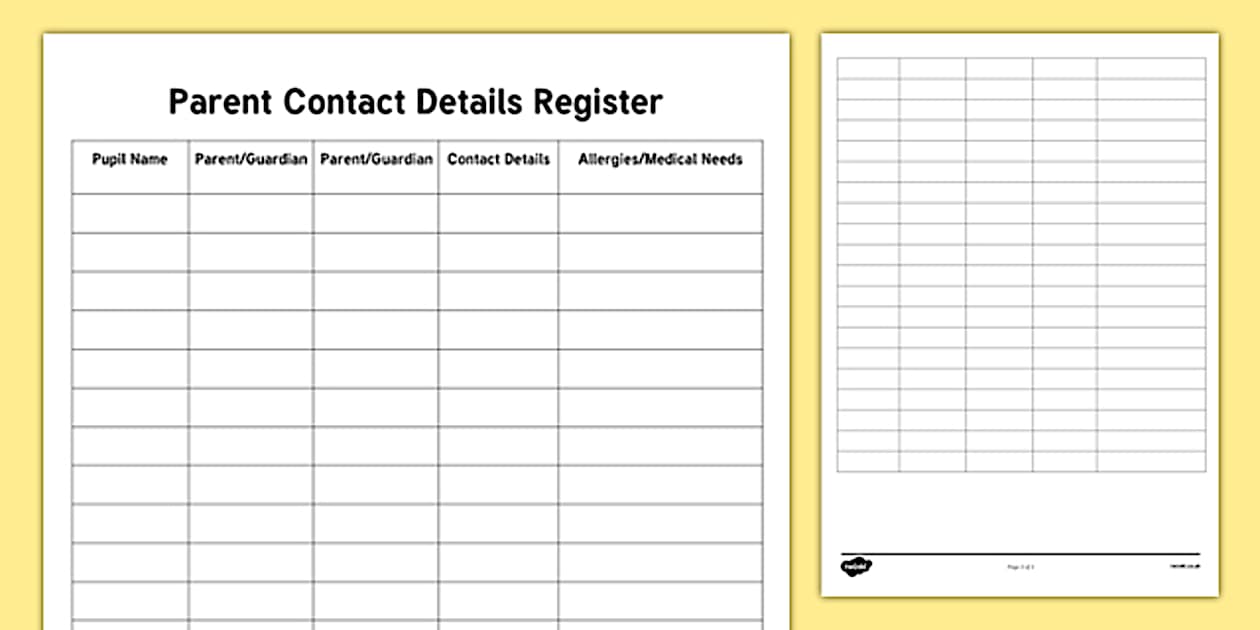Editable ROI Teacher Parent Contact Details Checklist