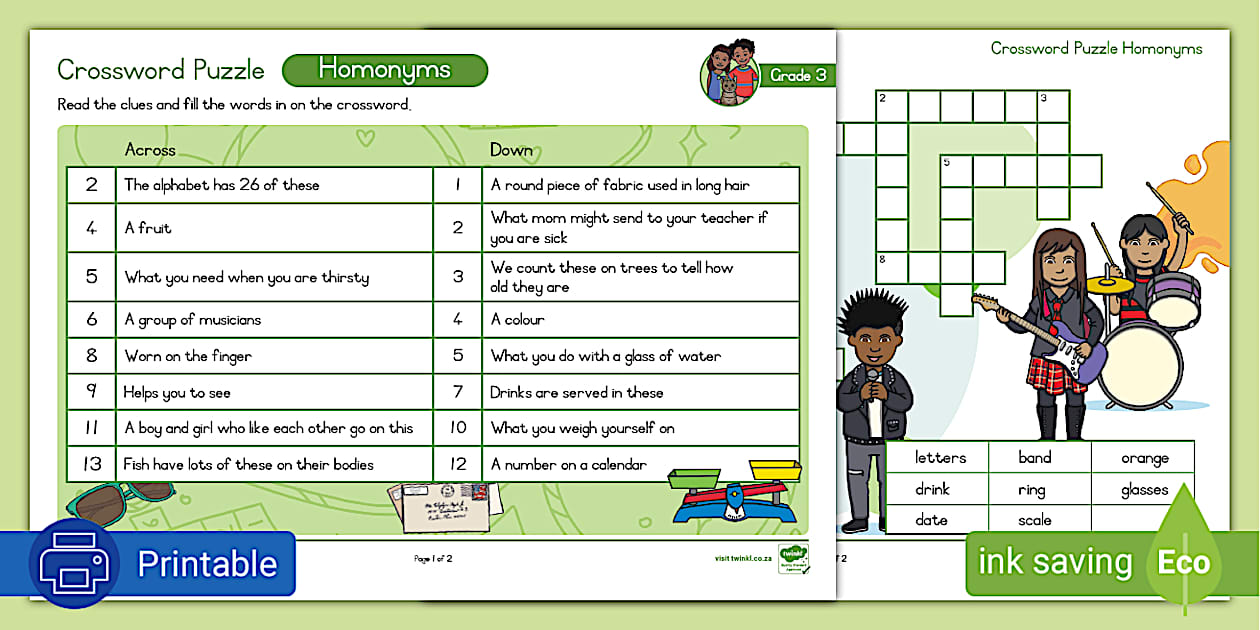 Grade 3 Phonics Crossword Puzzle Homonyms