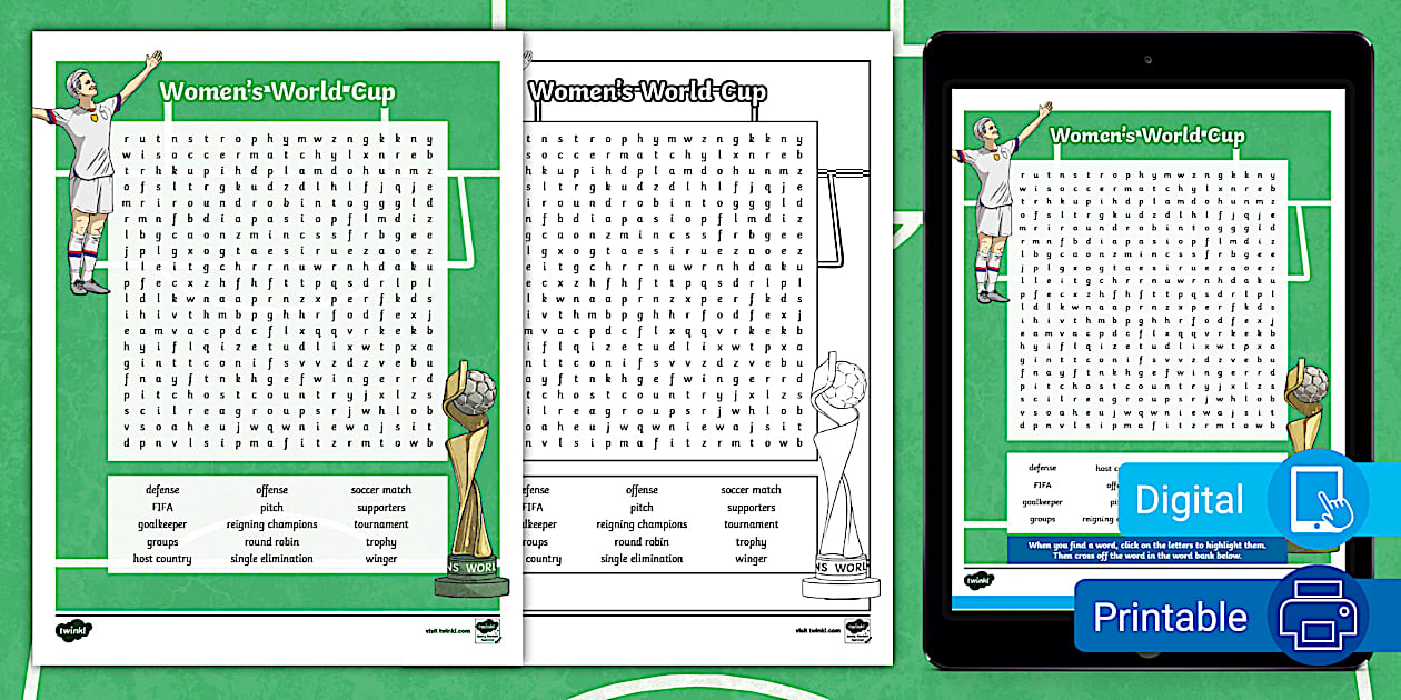 Women's World Cup Word Search for 6th-8th Grade - Twinkl