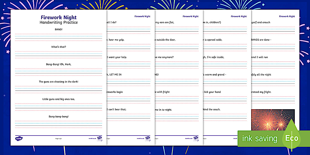 Cursive Firework Night Poem Handwriting Worksheet - Twinkl
