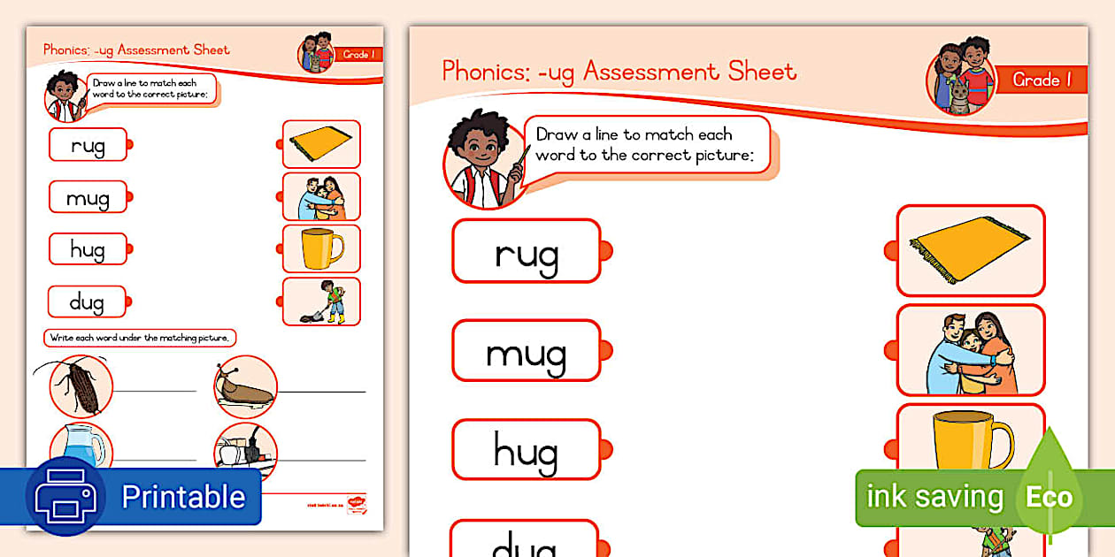 Grade 1 Phonics: -ug Assessment Sheet (teacher made)