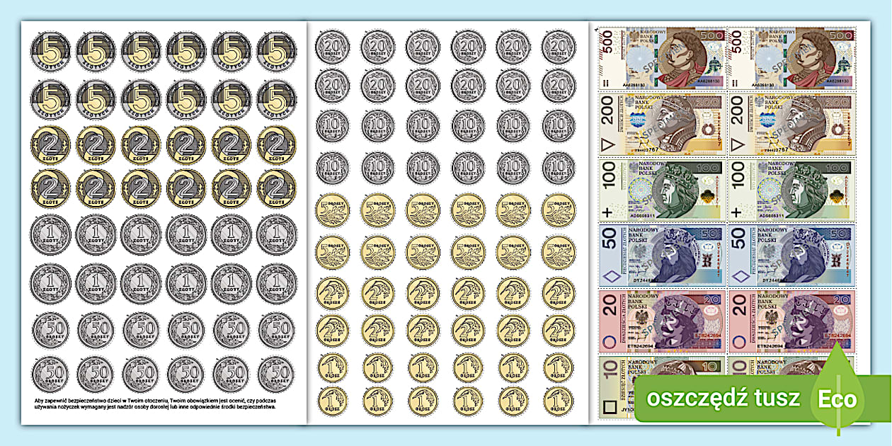 Pieniądze do wydruku i wycinania | Monety i banknoty