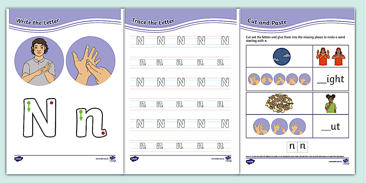 Letter N Handwriting Worksheets with Auslan