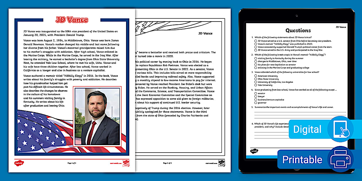 Seventh Grade JD Vance Reading Comprehension Worksheet