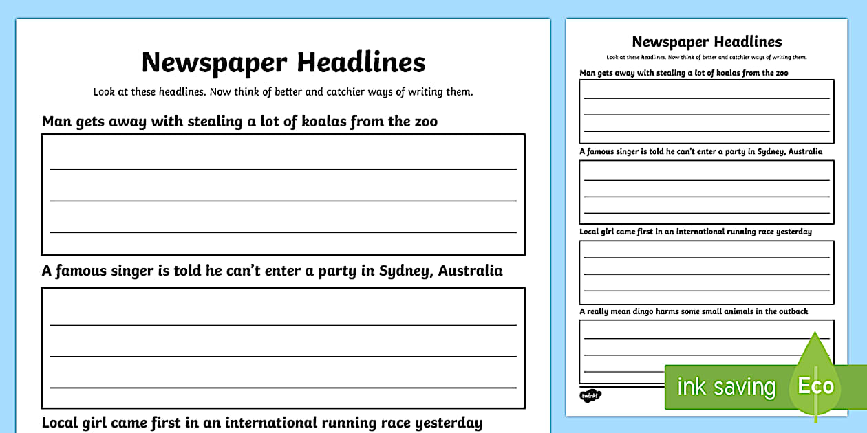 SA Newspaper Headline Writing Worksheet - Twinkl